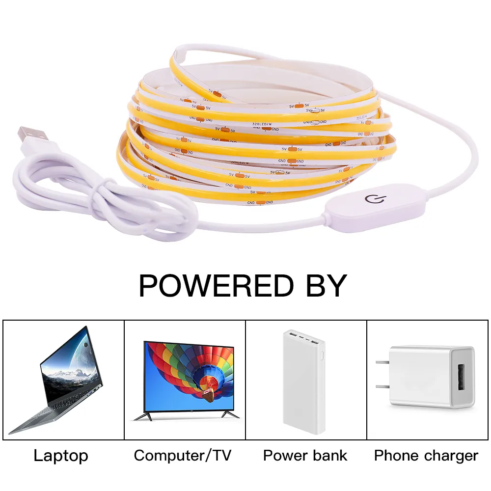 DC 5V LED COB Strip Light USB High Density Linear Lighting 320LED *with ...